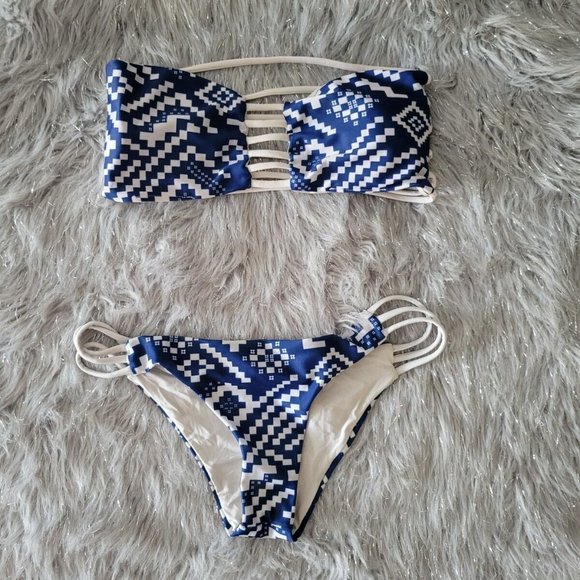 Other | 2 Piece Strappy Bikini Swimsuit Blue White Bandeau Top Bathing ...